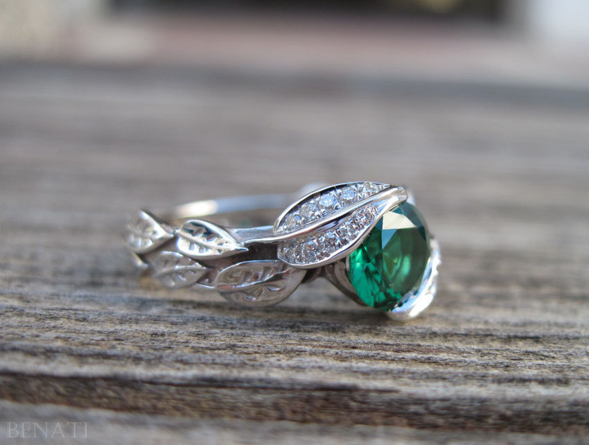 18k gold Leaf Ring, Emerald Leaf Engagement Ring | Benati