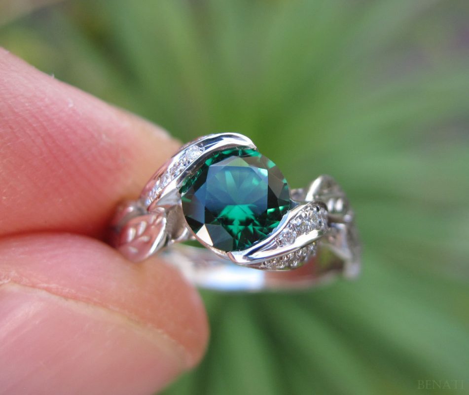 18k gold Leaf Ring, Emerald Leaf Engagement Ring | Benati