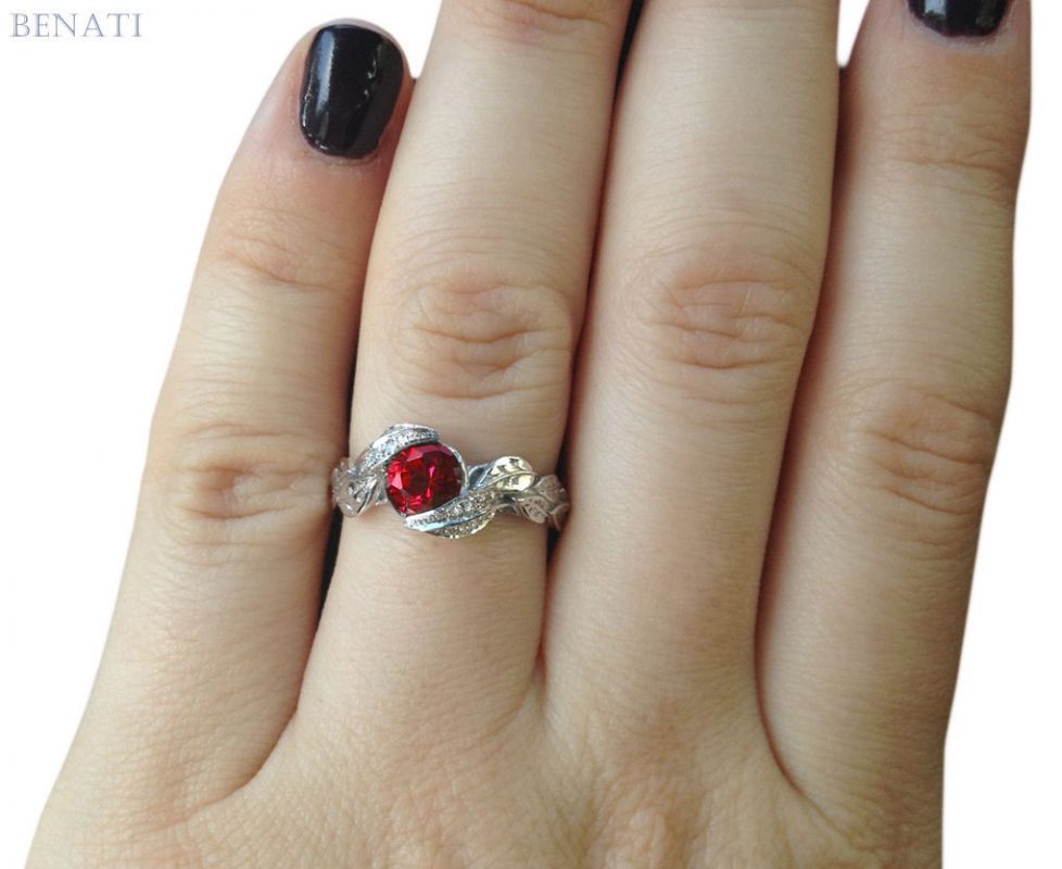 Ruby Leaves Ring, Ruby And Diamond Leaf Engagement Ring | Benati