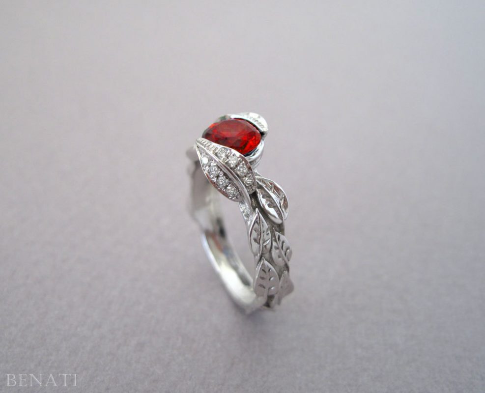 Ruby Leaves Ring, Ruby And Diamond Leaf Engagement Ring | Benati