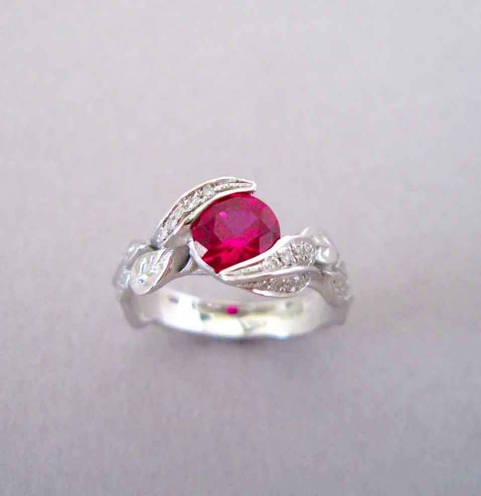 Ruby Leaves Ring, Ruby And Diamond Leaf Engagement Ring | Benati