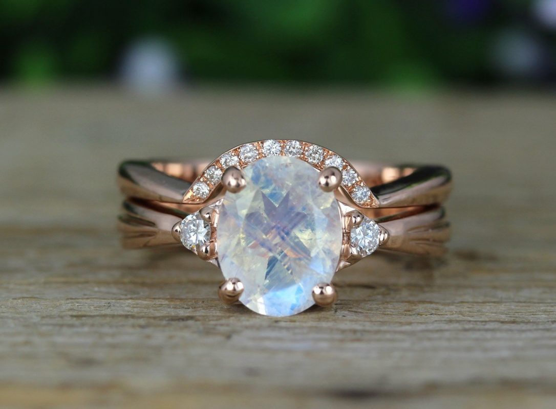 Oval Moonstone Wedding Ring Set, Antique Rainbow Engagement Ring Bridal ...