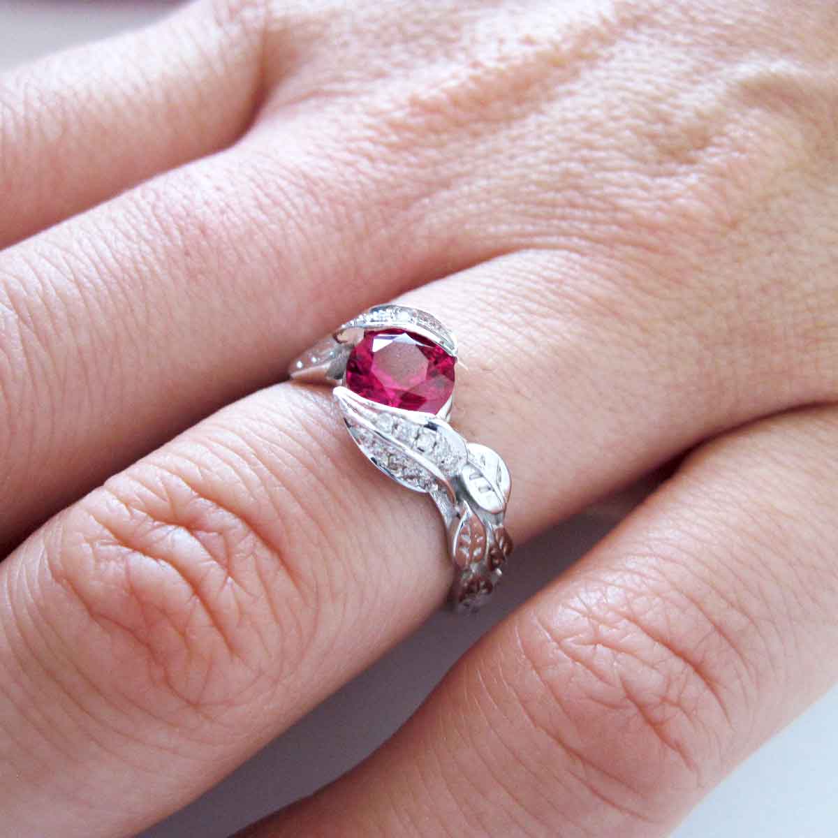 Ruby Leaves Ring, Ruby And Diamond Leaf Engagement Ring | Benati