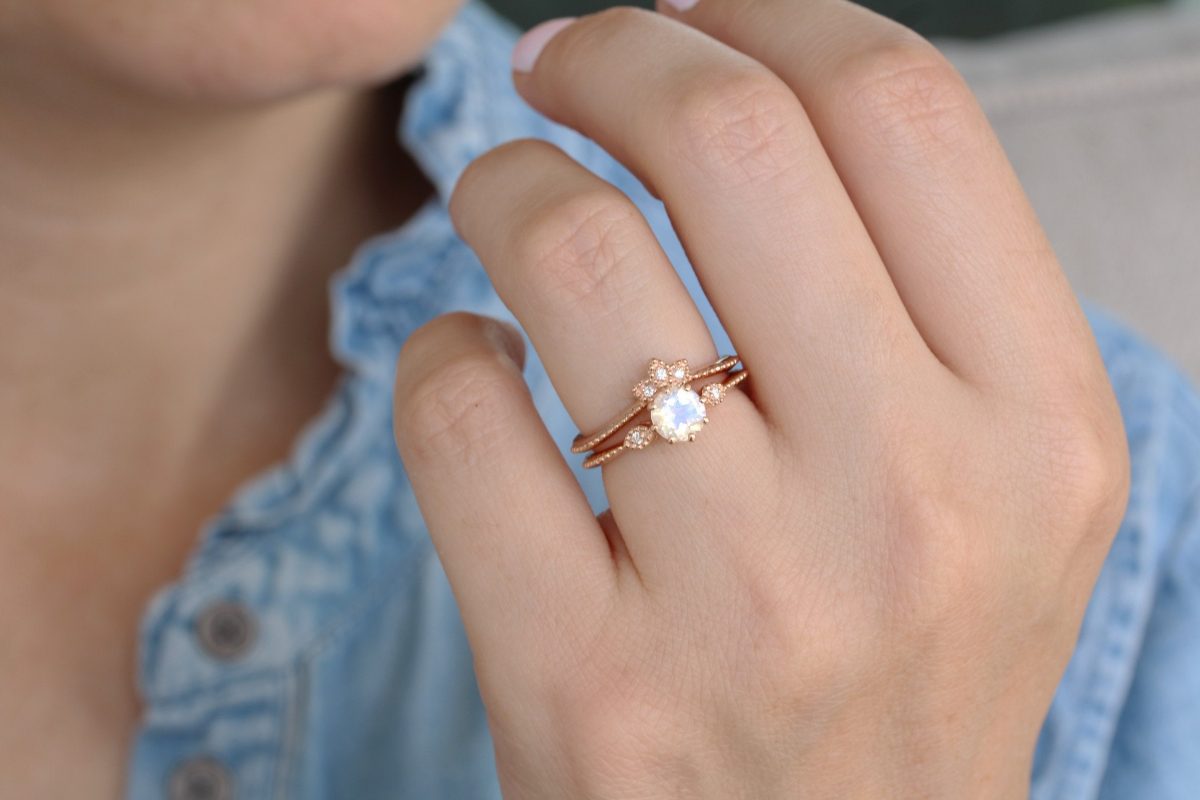 Vintage Moonstone Engagement Ring Set, Round Rainbow Engagement Ring ...