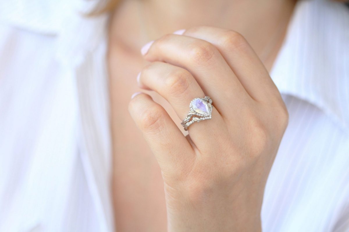 Moonstone Wedding Ring Set, Pear Moonstone Engagement Ring | Benati