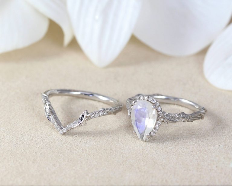 Moonstone Wedding Ring Set, Pear Moonstone Engagement Ring | Benati