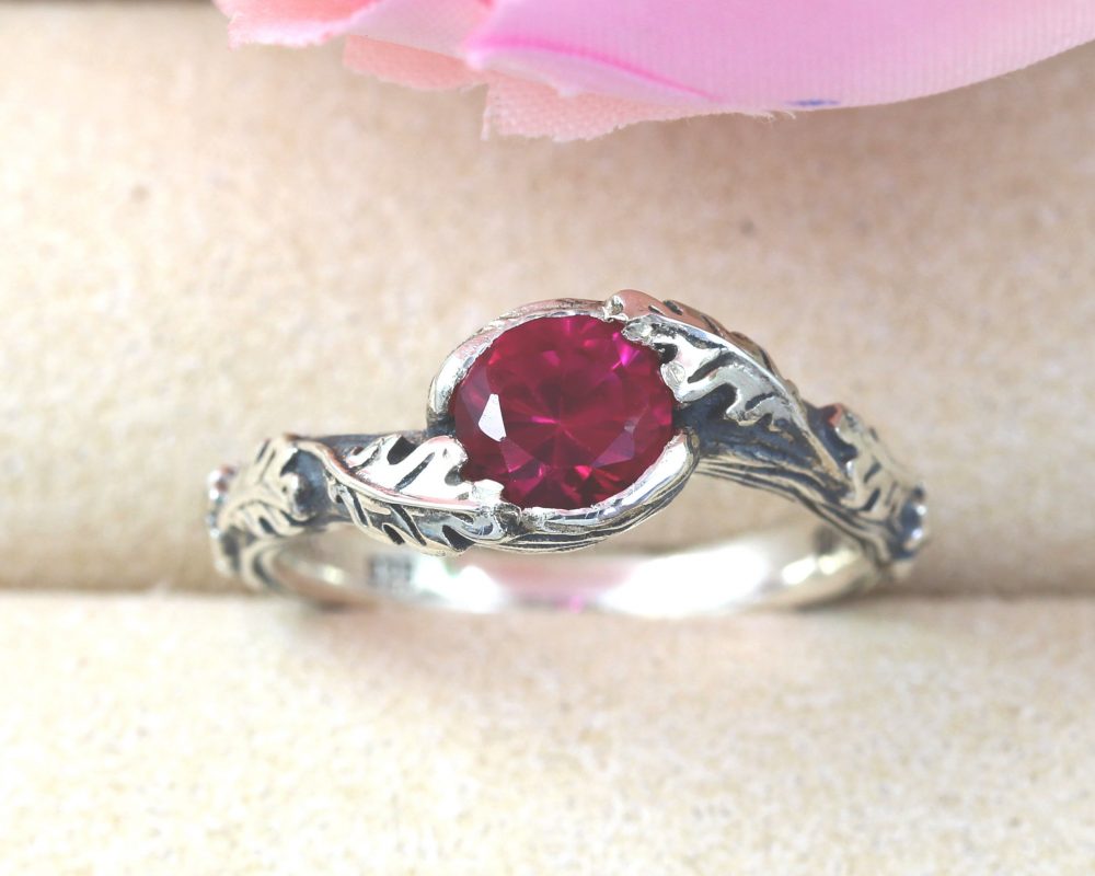 Silver Ruby Leaf Ring, Promise Nature Inspired Gemstone Ring | Benati