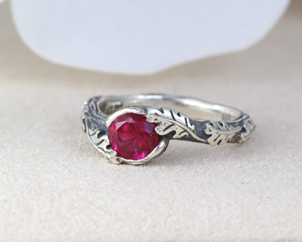 Silver Ruby Leaf Ring, Promise Nature Inspired Gemstone Ring | Benati