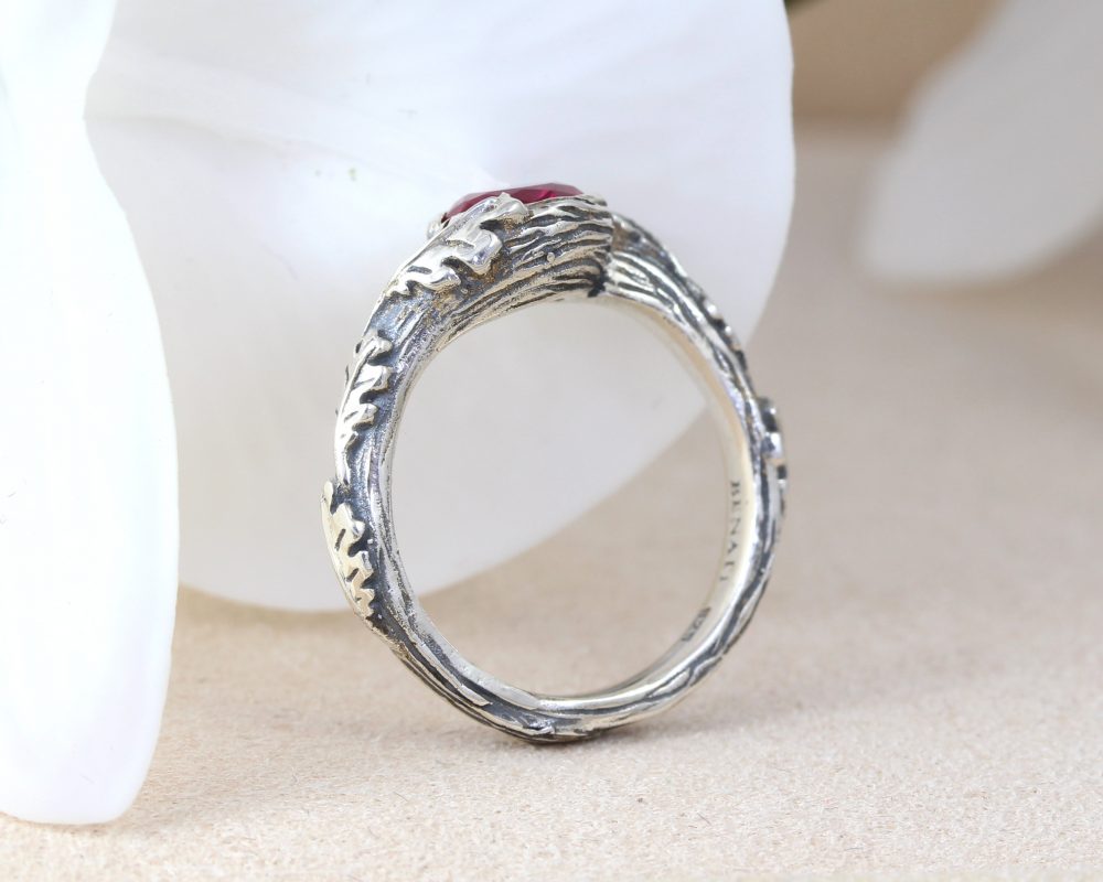 Silver Ruby Leaf Ring, Promise Nature Inspired Gemstone Ring | Benati