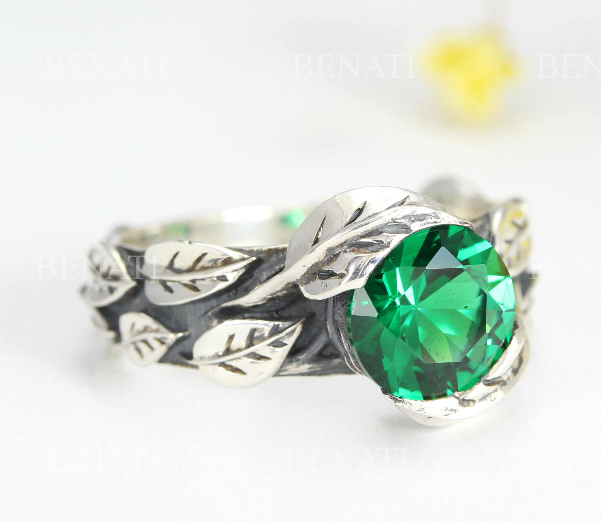 Leaf Ring With Emerald In Silver, Green Stone Leaf Ring | Benati