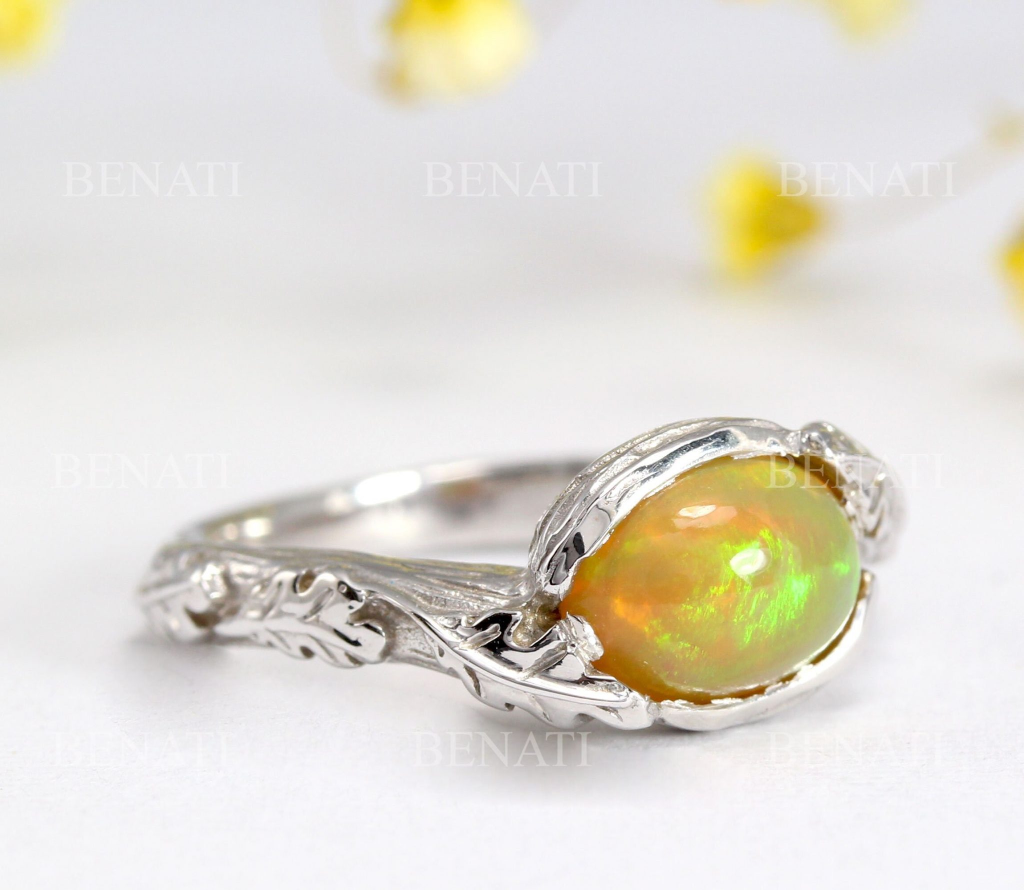 Natural Genuine Opal Leaf Engagement Ring, Fire Opal Leaves Ring | Benati
