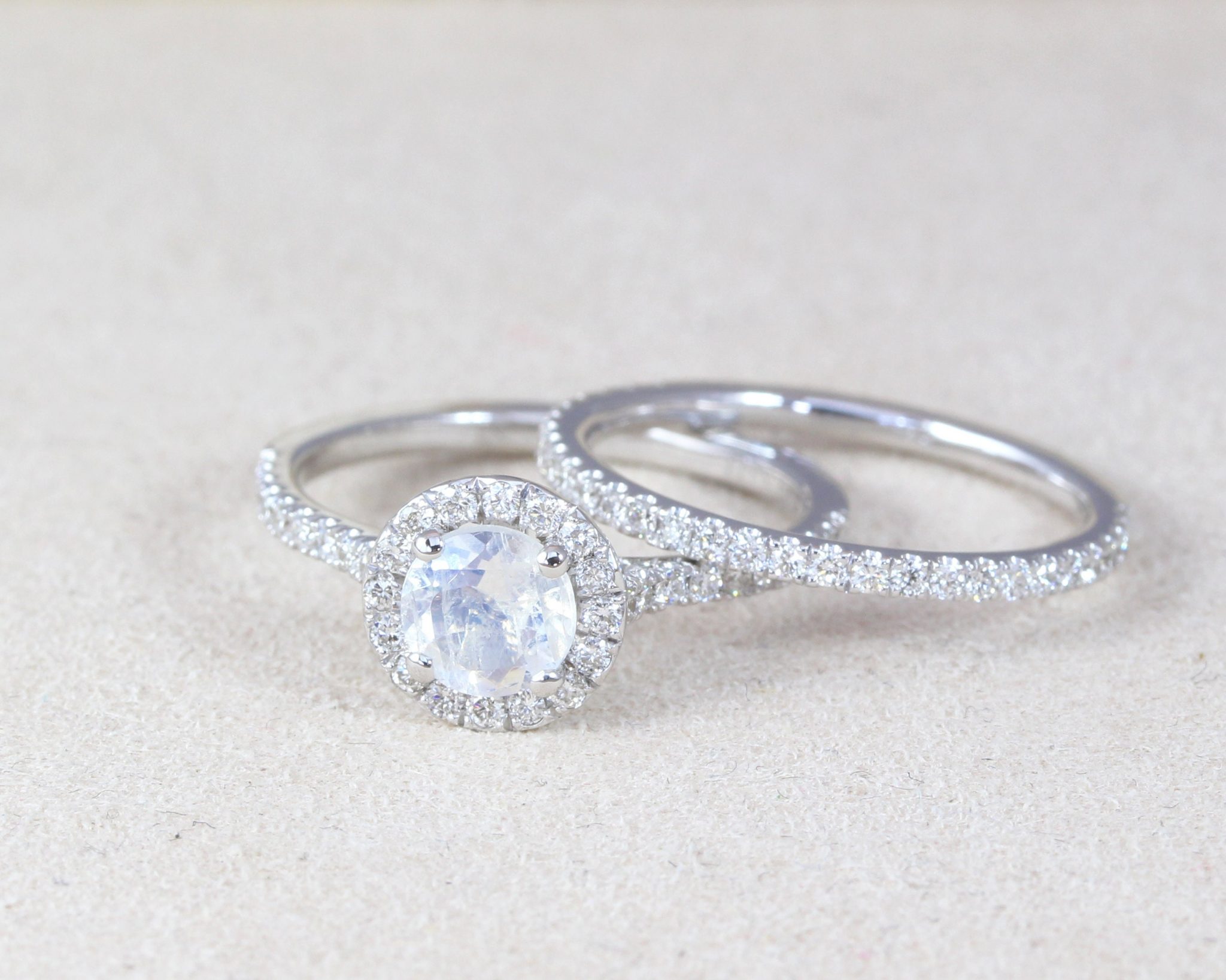 Set Diamond Halo Rainbow Moonstone Engagement Ring, Wedding Ring Set ...