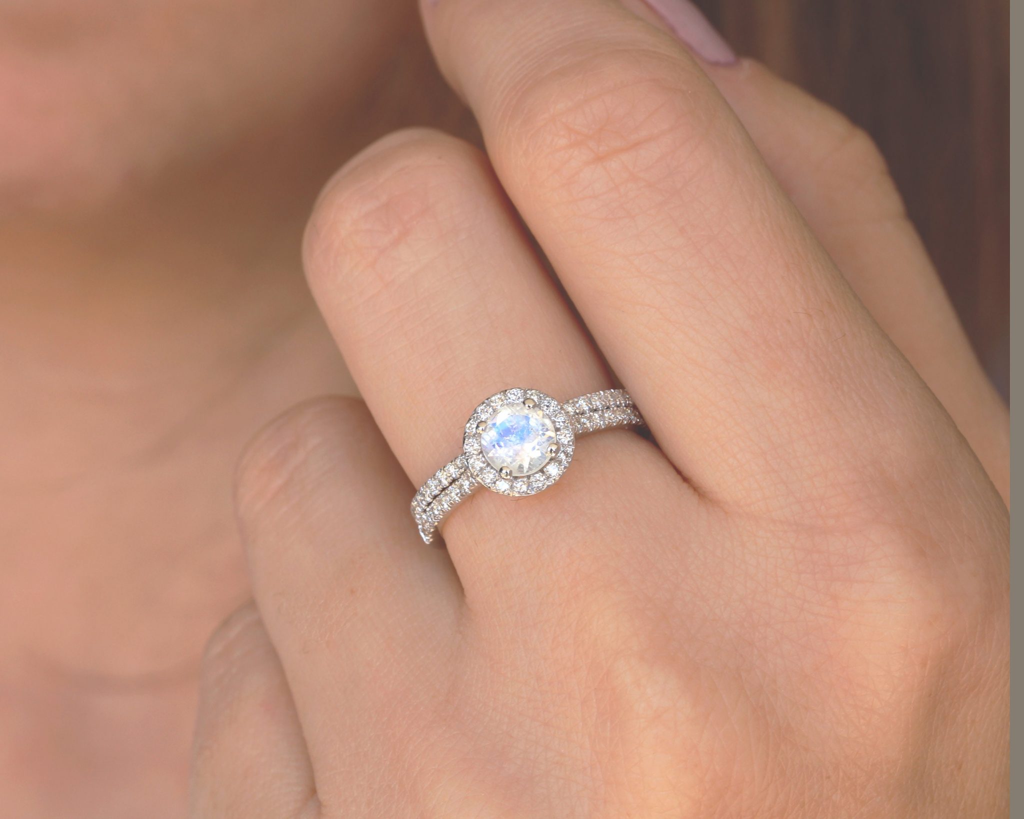 Set Diamond Halo Rainbow Moonstone Engagement Ring, Wedding Ring Set ...