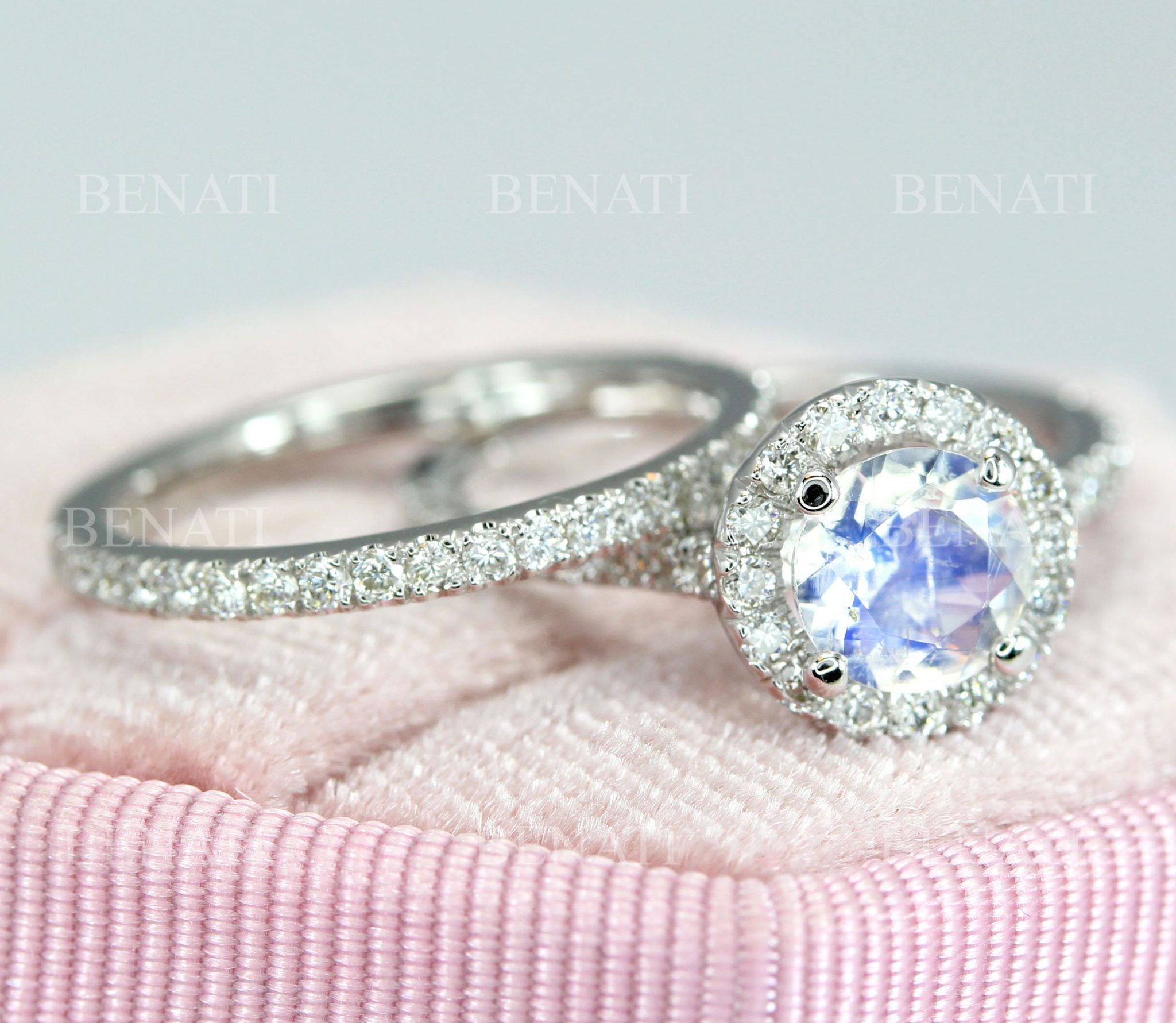 Set Diamond Halo Rainbow Moonstone Engagement Ring, Wedding Ring Set ...