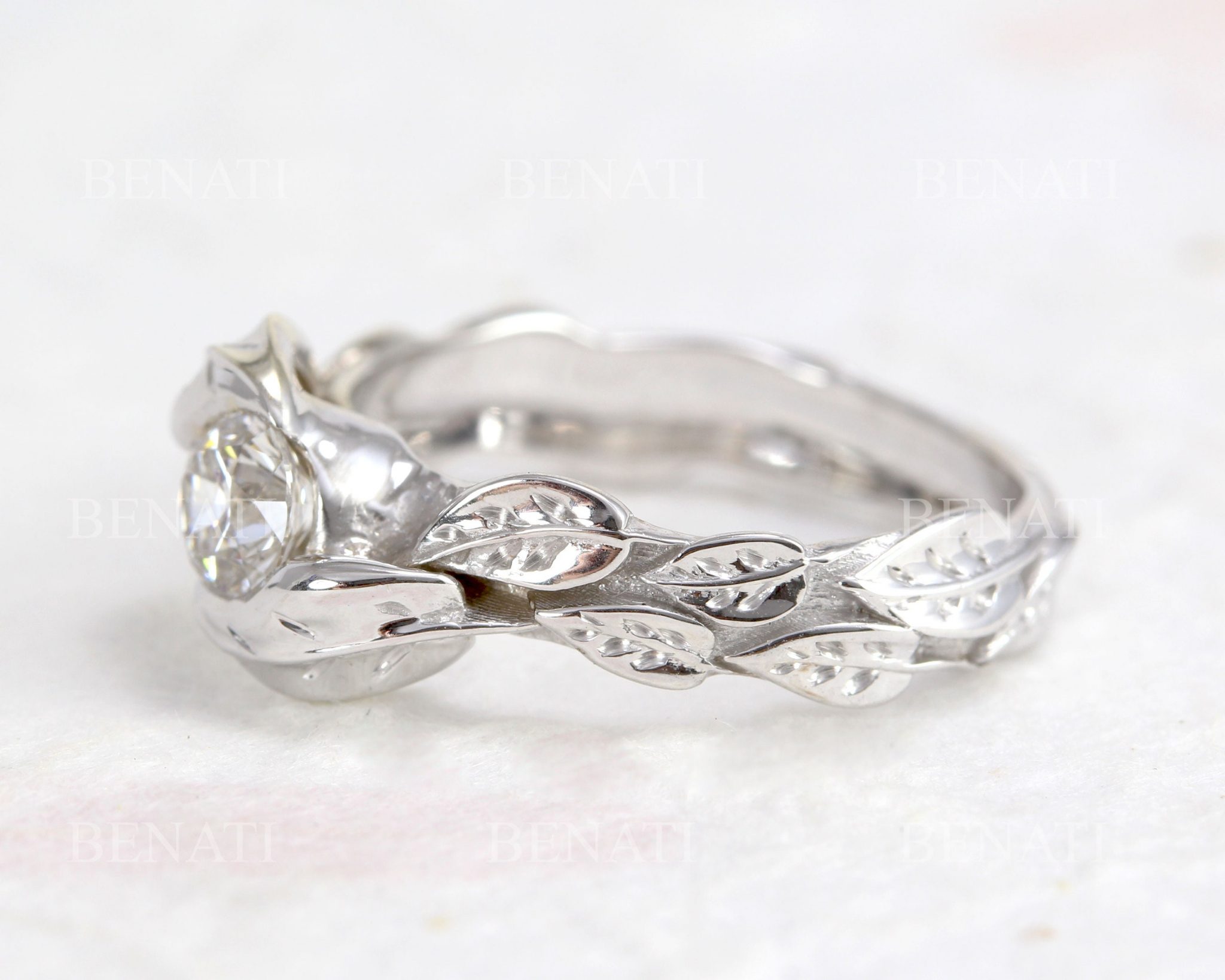 Rose Gold Diamond Engagement Ring With Leaves, Engagement Ring Nature ...