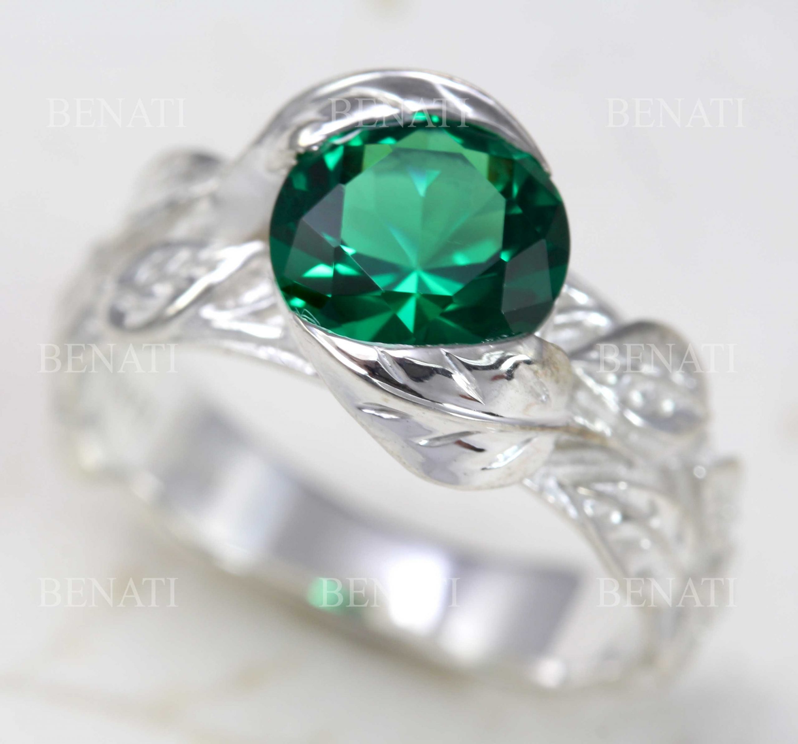 Emerald Gold Leaf Engagement Ring, Green Stone Leaf Engagement Ring ...