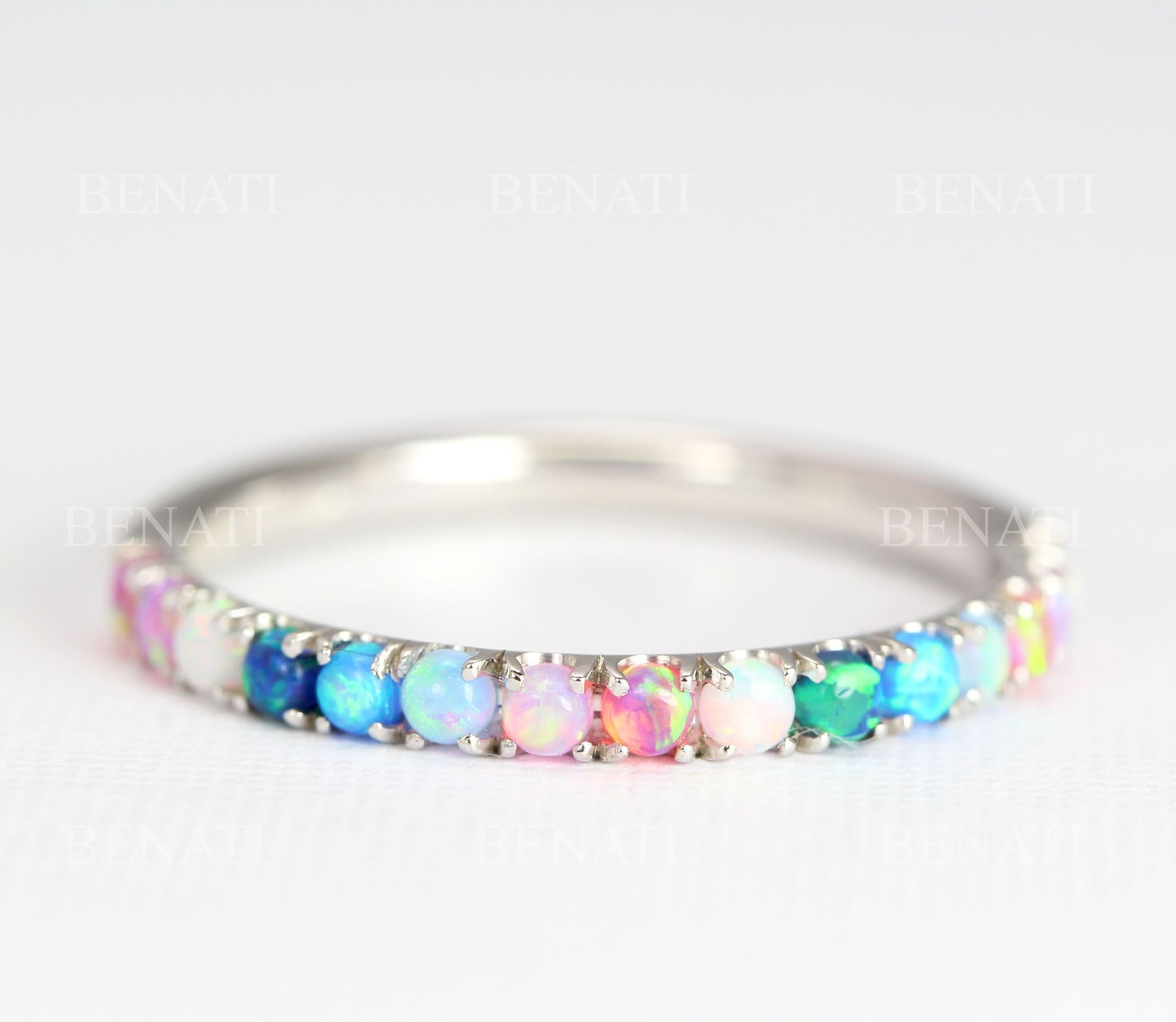 Opal eternity wedding band for women, Solid gold multi color opal band ...