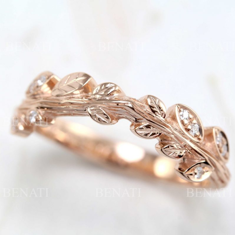 Rose Gold Leaf Wedding Ring, Leaves Wedding Band | Benati