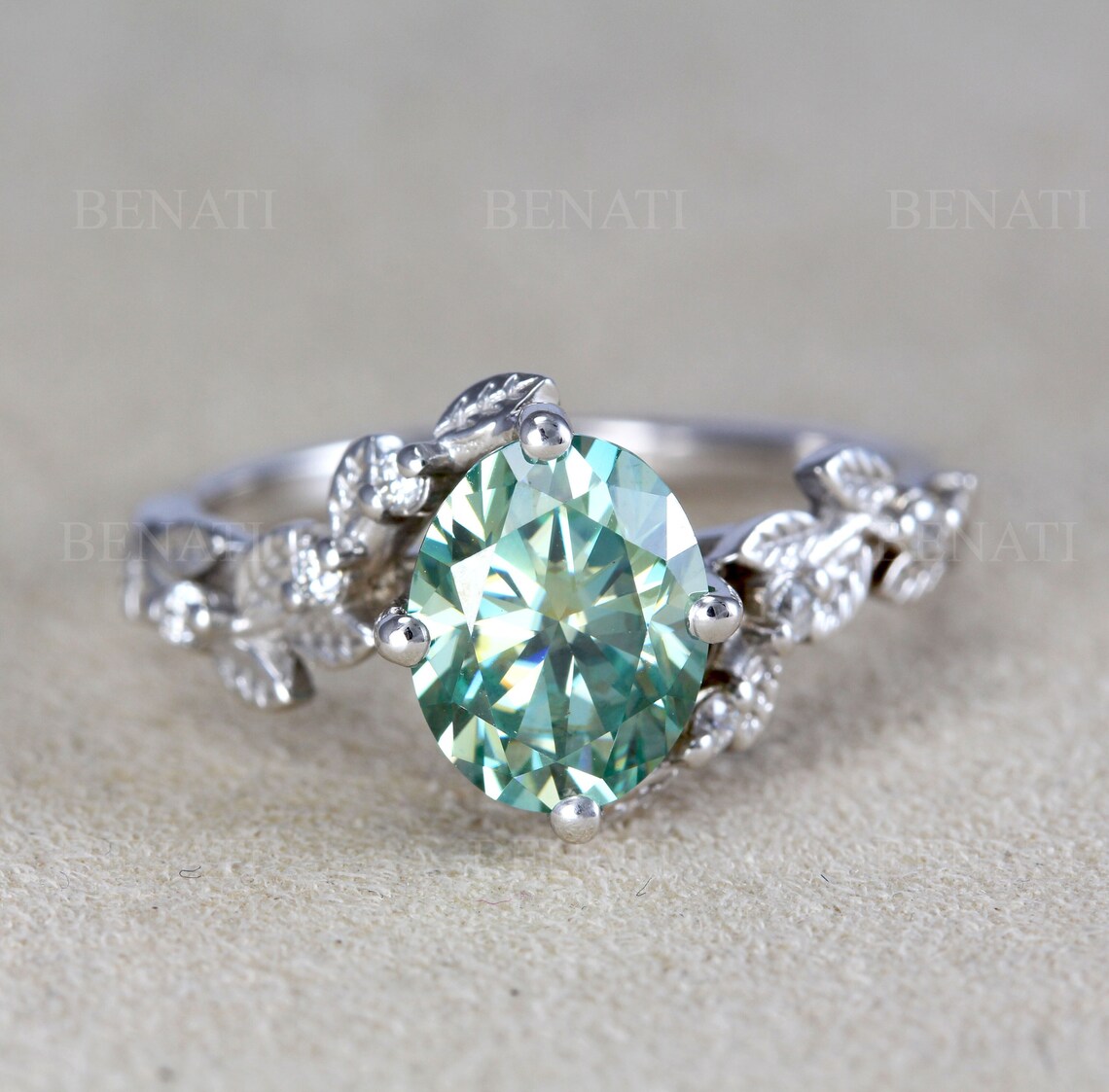 Leaf bridal ring, Oval green moissanite engagement ring, Leaf ring ...