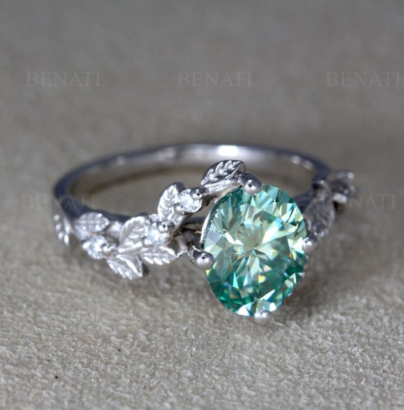 Leaf bridal ring, Oval green moissanite engagement ring, Leaf ring ...