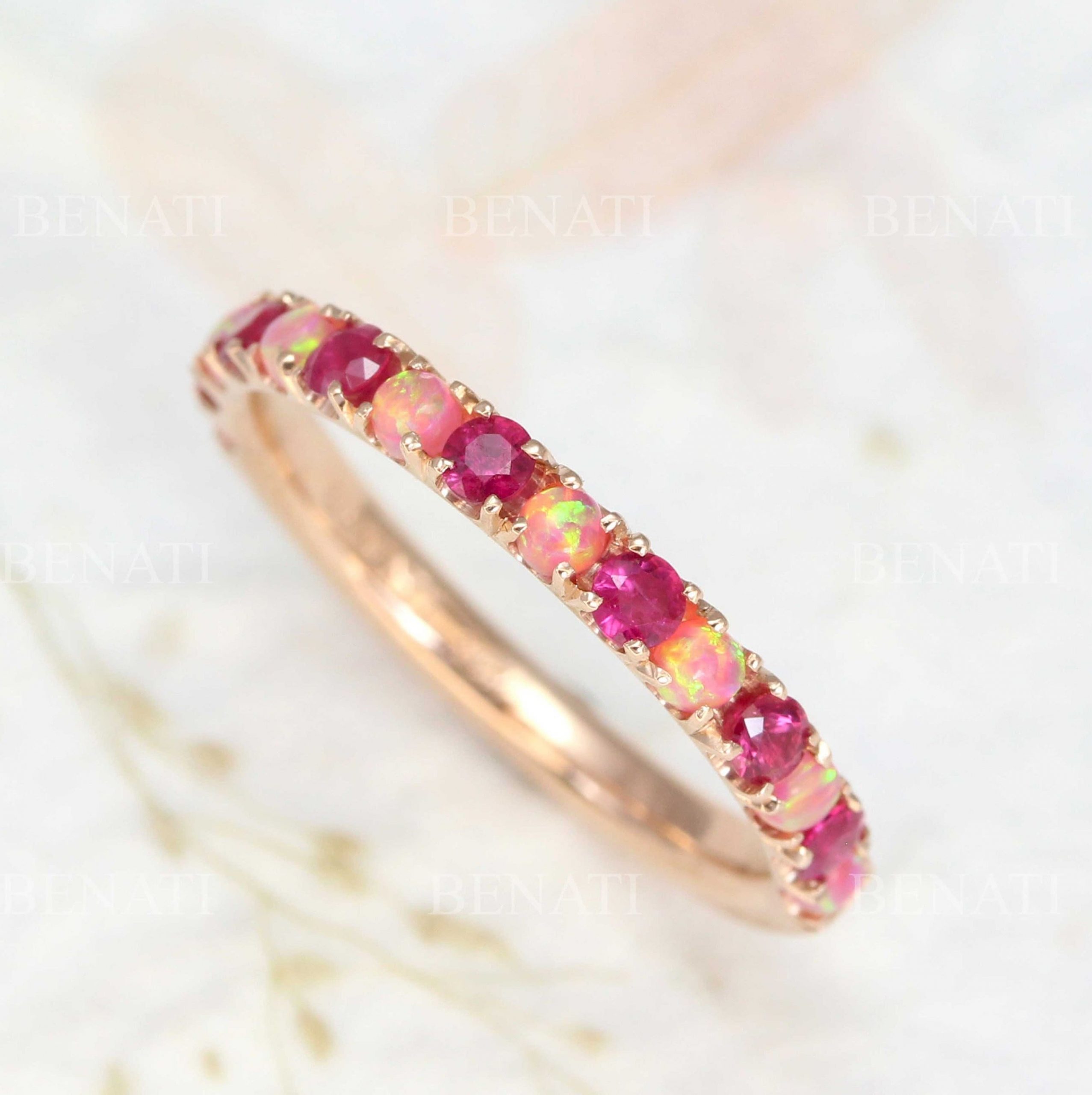Rose Gold Pink Opal Ruby Wedding Eternity Band, Ruby Opal Wedding Ring | Benati